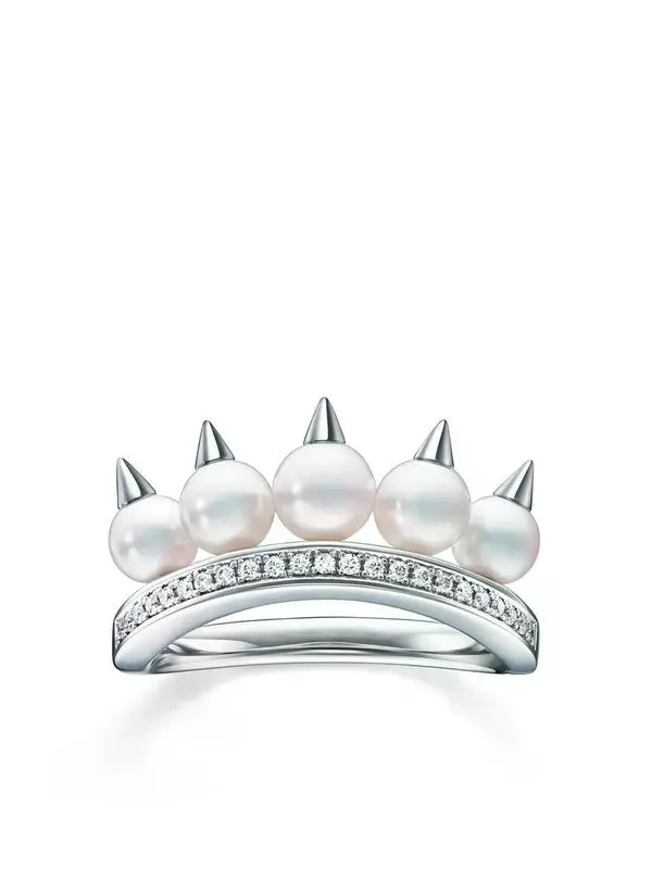 TASAKI 18kt White Gold Collection Line Danger Plus Diamond Pavé Ring With Akoya Pearls - Silver