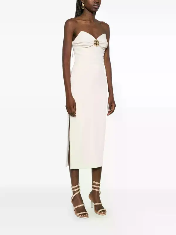 Elisabetta Franchi Light Beige Crepe Midi Dress With Bow Detail