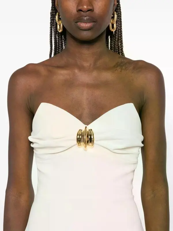 Elisabetta Franchi Light Beige Crepe Midi Dress With Bow Detail