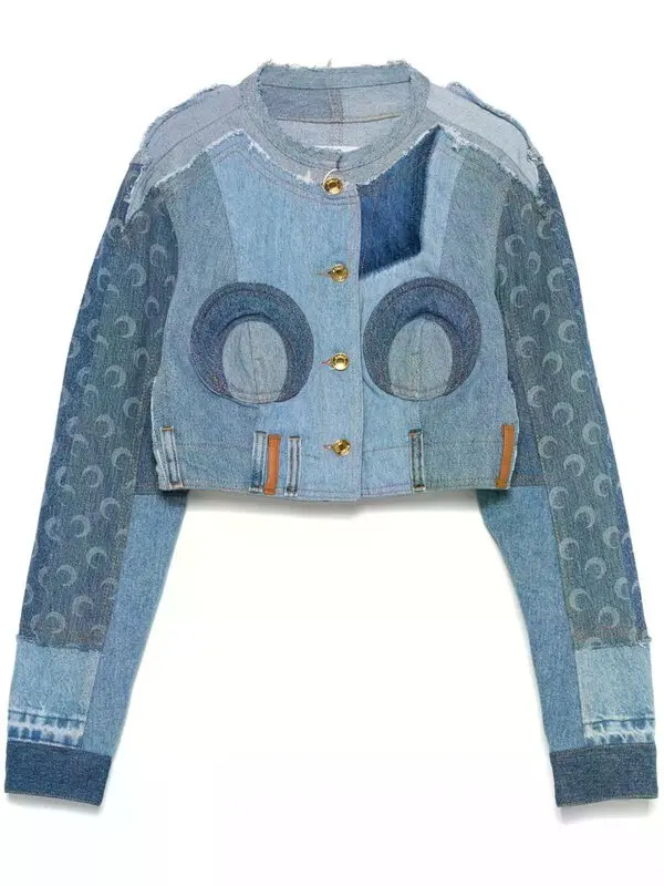MARINE SERRE Cropped Denim Patchwork Jacket - Blue