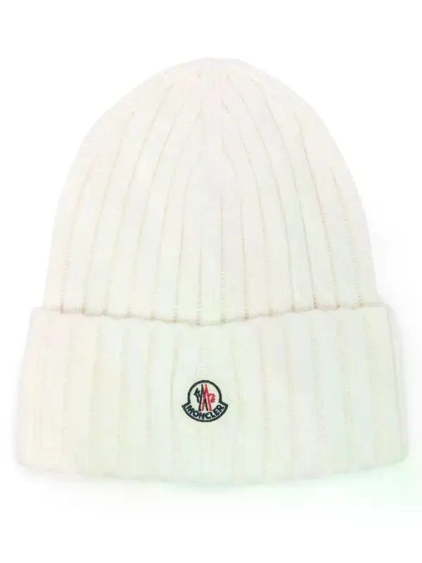 Moncler Logo Patch Ribbed Beanie - White