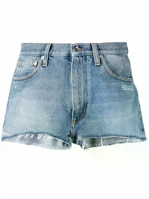 Off-White Denim Shorts With Logo Print And Frayed Hem