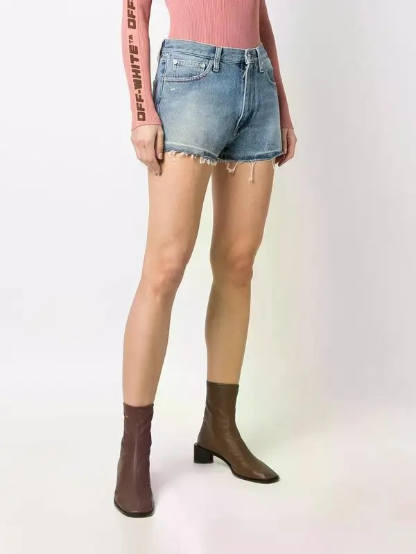 Off-White Denim Shorts With Logo Print And Frayed Hem