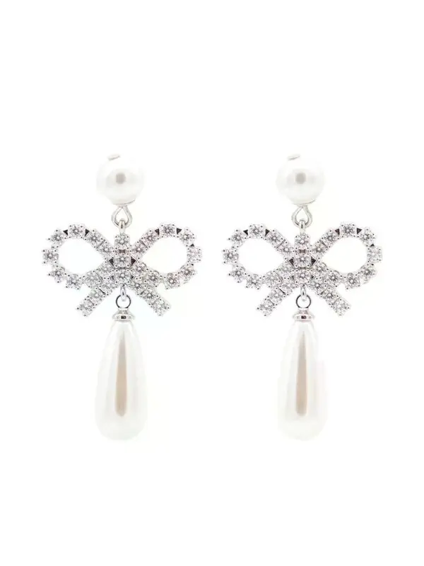 SELF-PORTRAIT Bow Droplet Earrings With Crystal Embellishment And Pearl Drop - Silver