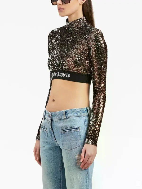 Palm Angels Sequined High Neck Cropped Top