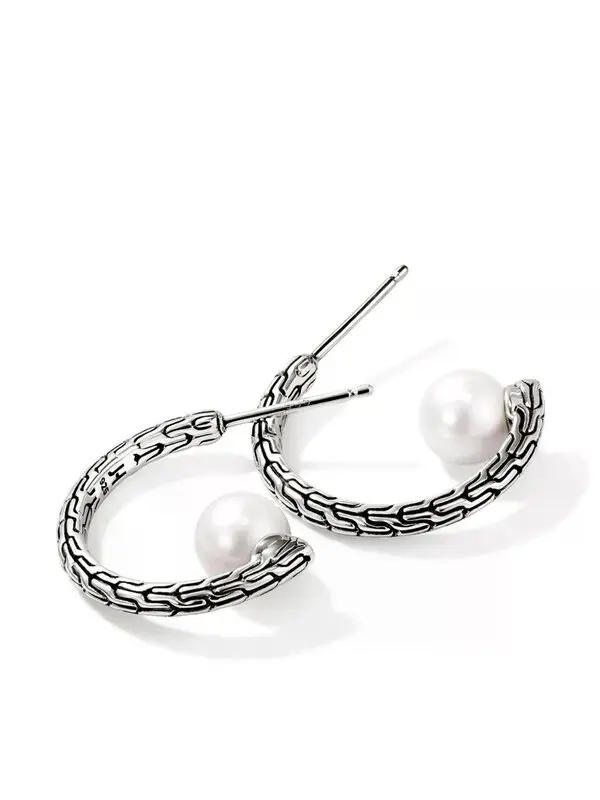 John Hardy Sterling Engraved Pearl Hoop Earrings