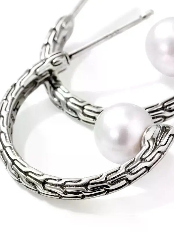 John Hardy Sterling Engraved Pearl Hoop Earrings