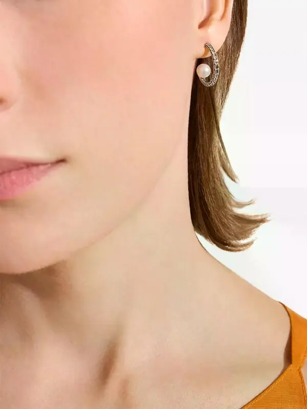 John Hardy Sterling Engraved Pearl Hoop Earrings