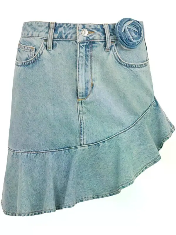 Liu Jo Rose Appliqué Asymmetric Ruffle Hem Denim Skirt