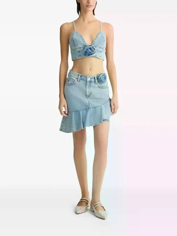 Liu Jo Rose Appliqué Asymmetric Ruffle Hem Denim Skirt
