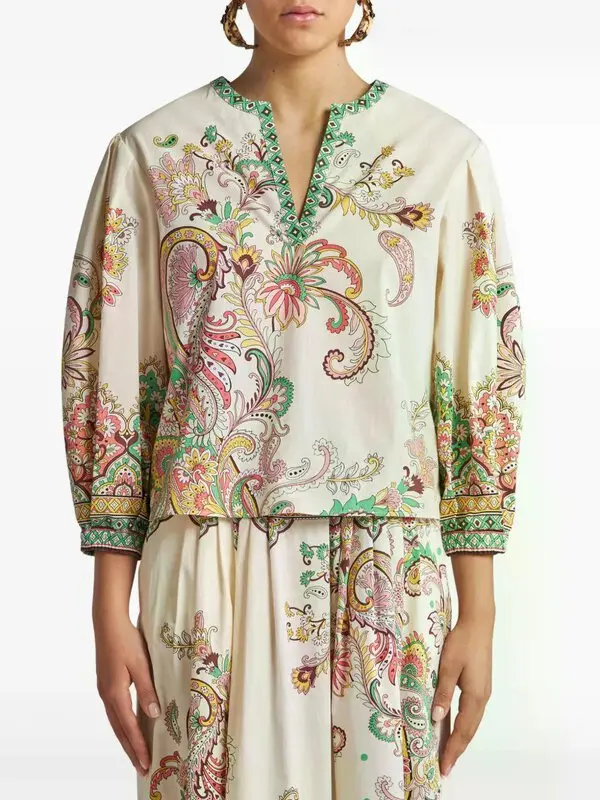 Etro Cotton Paisley Print V-neck Blouse - Neutrals