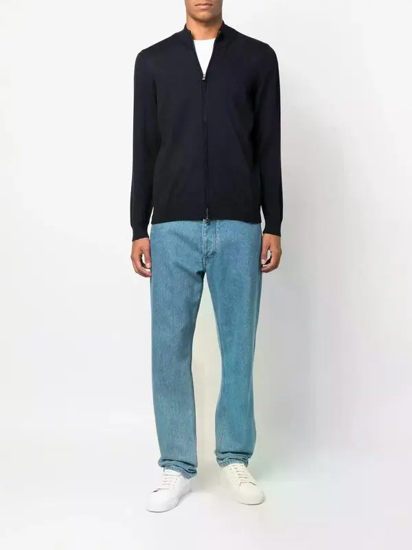 BOSS Fine-knit Zip-up Cardigan With Embroidered Logo - Blue