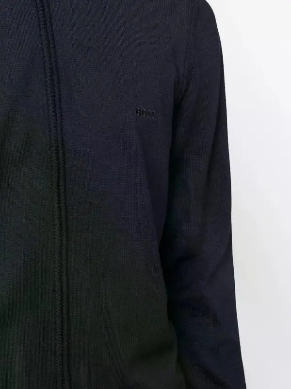 BOSS Fine-knit Zip-up Cardigan With Embroidered Logo - Blue