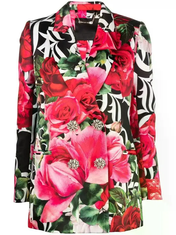 Philipp Plein Romance Floral-print Double-breasted Blazer - Black