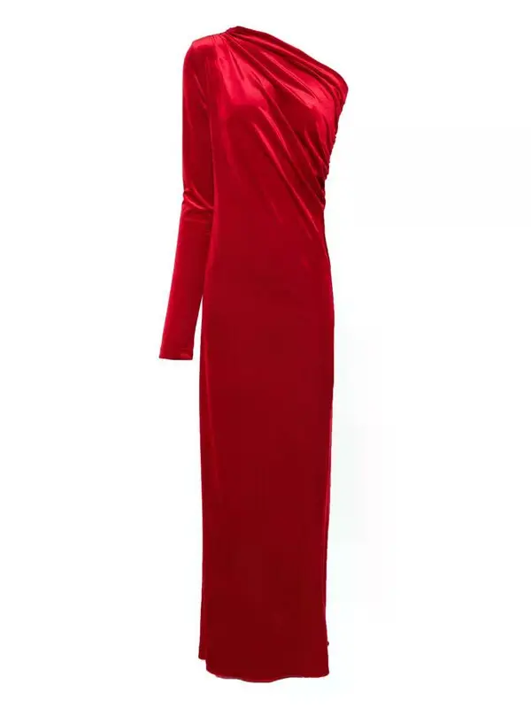 Alchemy Fashions Velvet Gown With Asymmetric Neckline And Ruched Detailing - Red