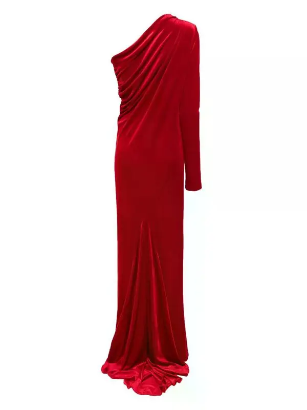 Alchemy Fashions Velvet Gown With Asymmetric Neckline And Ruched Detailing - Red