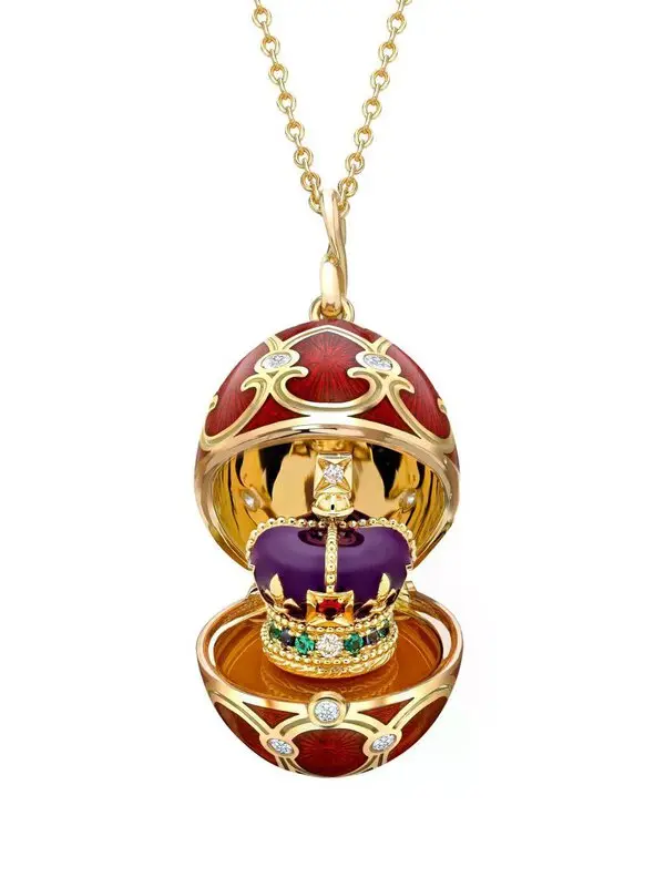 Faberge 18kt Yellow Gold Coronation Crown Locket Pendant - Red