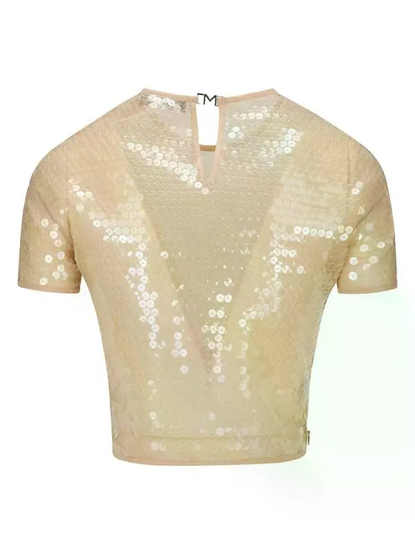 MUGLER Short-sleeved Sequinned Cropped Blouse - Neutrals