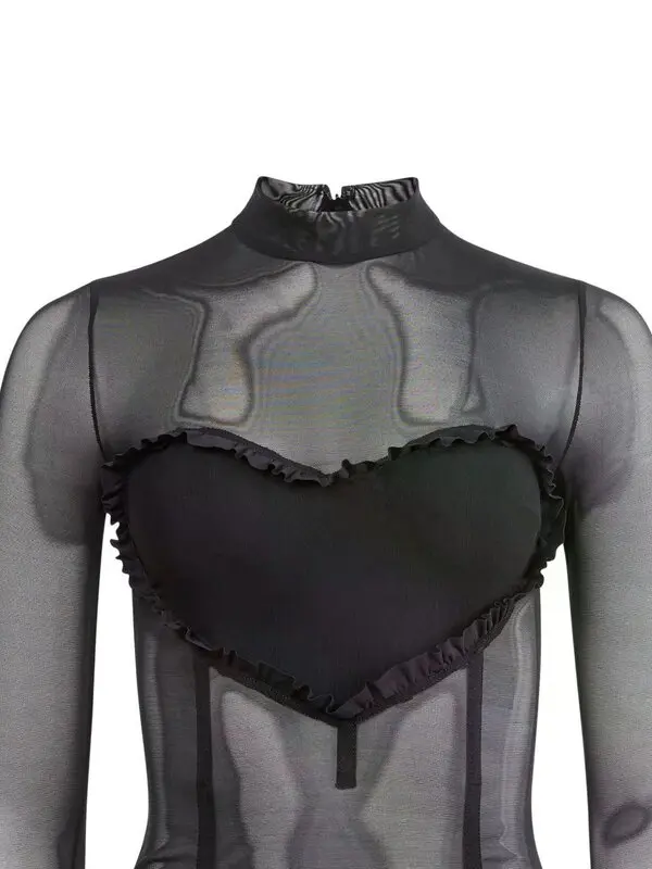 FLEUR DU MAL Mesh Ruffle Heart Bodysuit - Black
