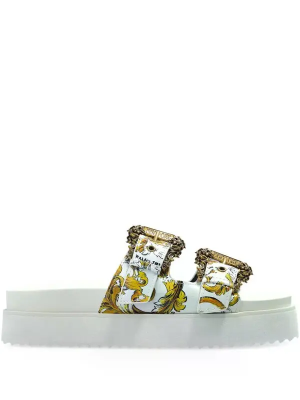 Versace Double Buckle Platform Slides - White
