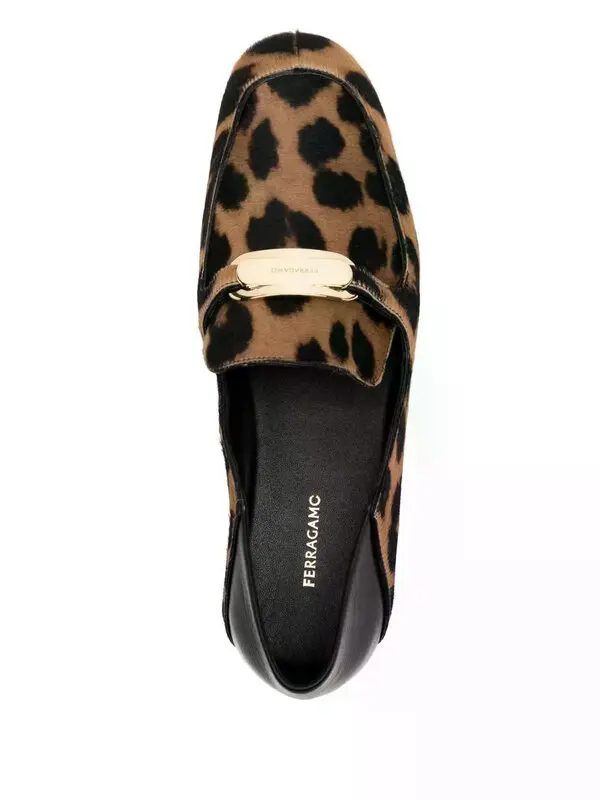 FERRAGAMO Leopard Print Calf Hair Loafers - Brown