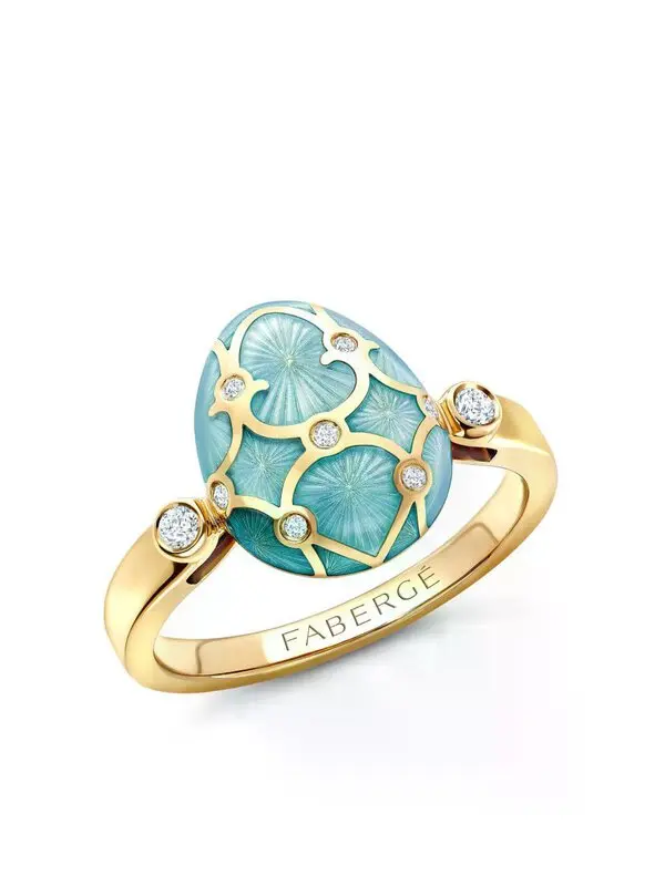 Faberge 18kt Yellow Gold Heritage Egg Diamonds Ring With Turquoise Guilloché Enamel