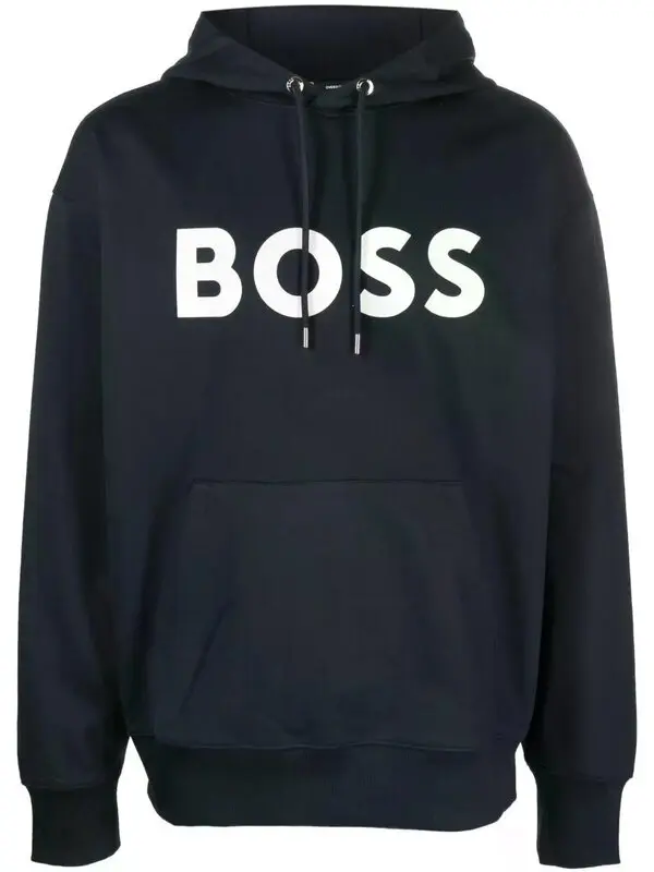 BOSS Logo Print Cotton Hoodie - Blue