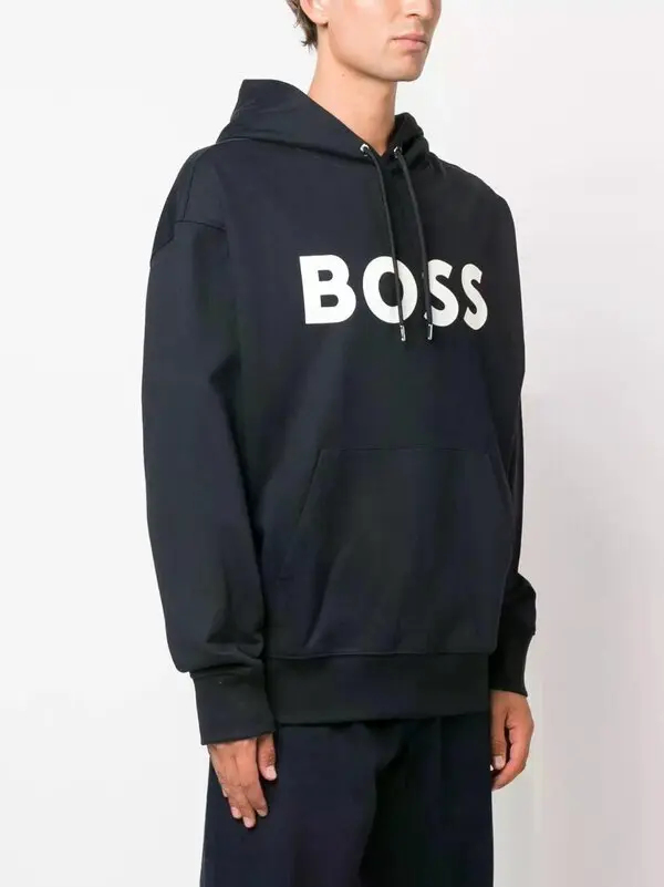 BOSS Logo Print Cotton Hoodie - Blue