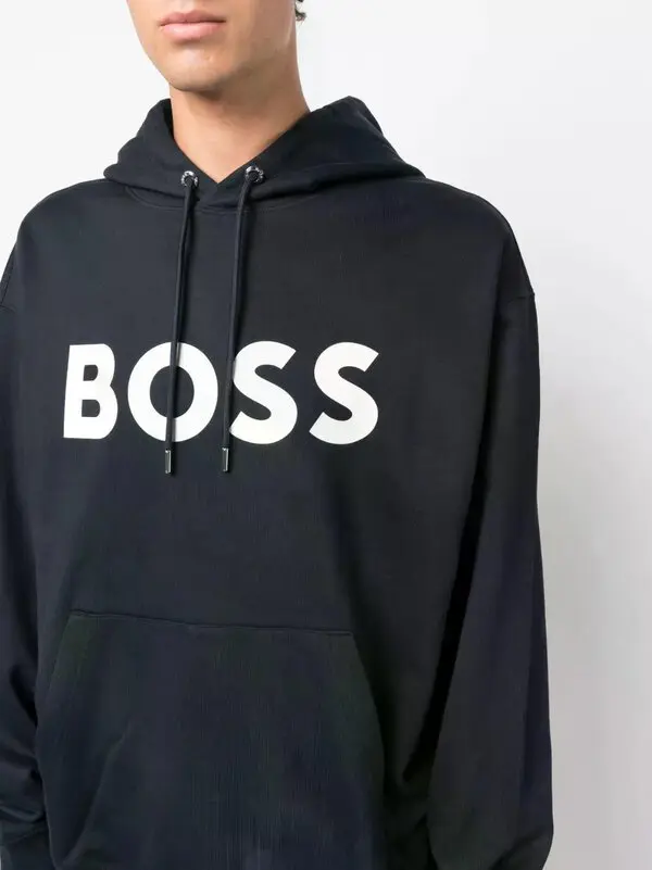 BOSS Logo Print Cotton Hoodie - Blue