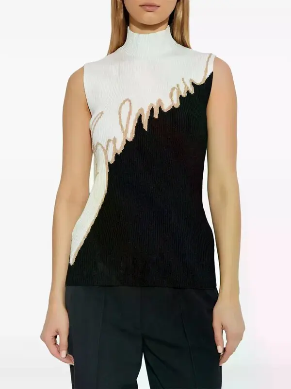 Balmain White Jacquard Logo Motif High Neck Top