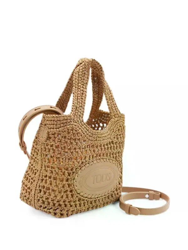TOD'S Mini Leather-raffia Shopping Bag - Neutrals