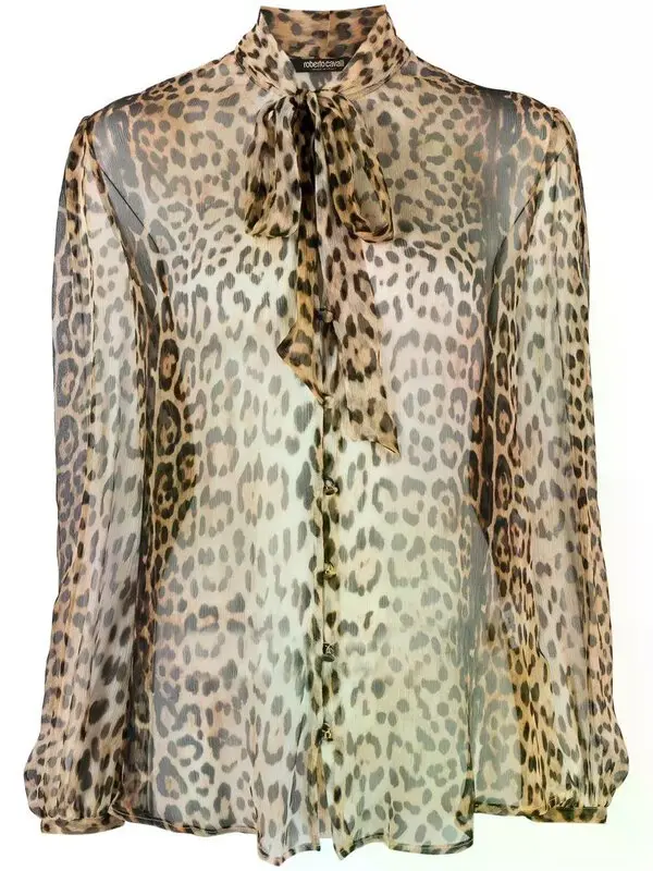 Roberto Cavalli Leopard-print Sheer Pussy-bow Blouse - Neutrals