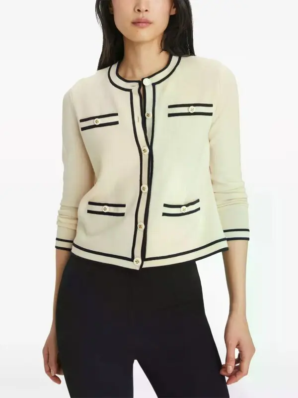 Tory Burch Cream White & Navy Blue Merino Wool Blend Cardigan - Neutrals