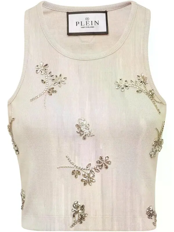 Philipp Plein Sleeveless Cropped Floral Appliqué Tank Top - Neutrals