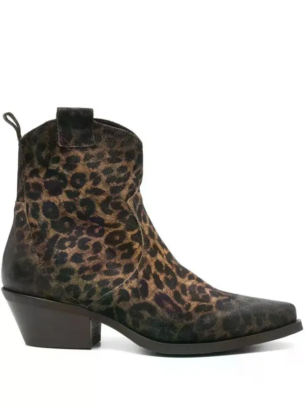 METISSE 50mm Leopard-print Mid Block Heel Pointed Toe Boots - Brown