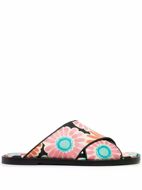 La DoubleJ Daisy-print Criss-cross Flat Sandals