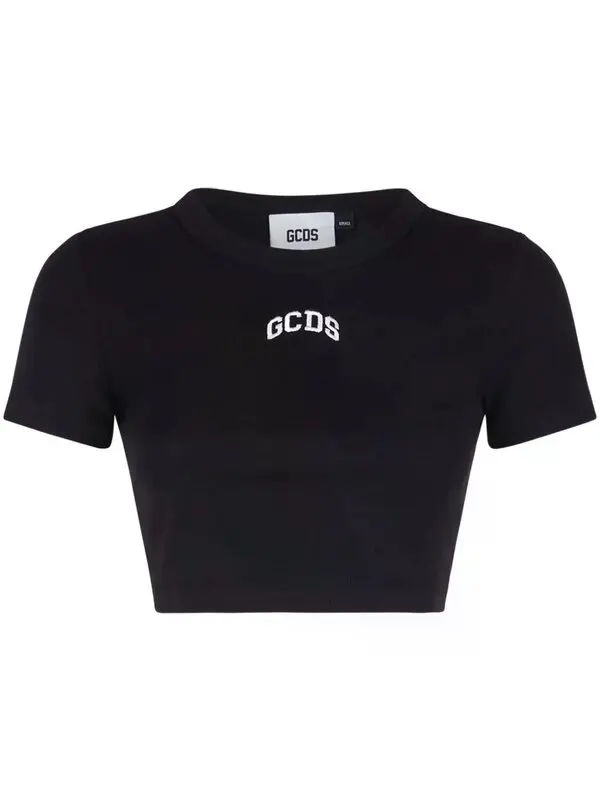 Gcds Logo-embroidered Cropped T-shirt - Black
