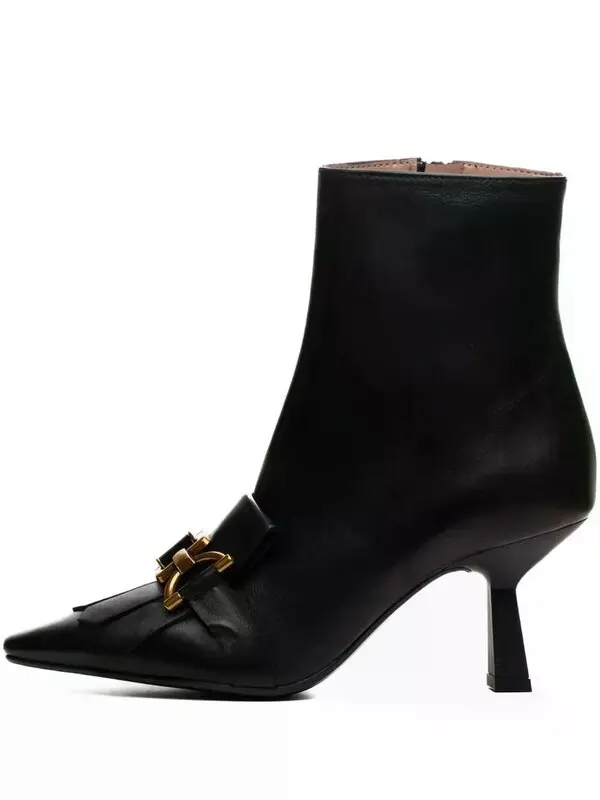 POCHE PARIS Leather Ankle Boots With Decorative Buckle And Fringe Detail