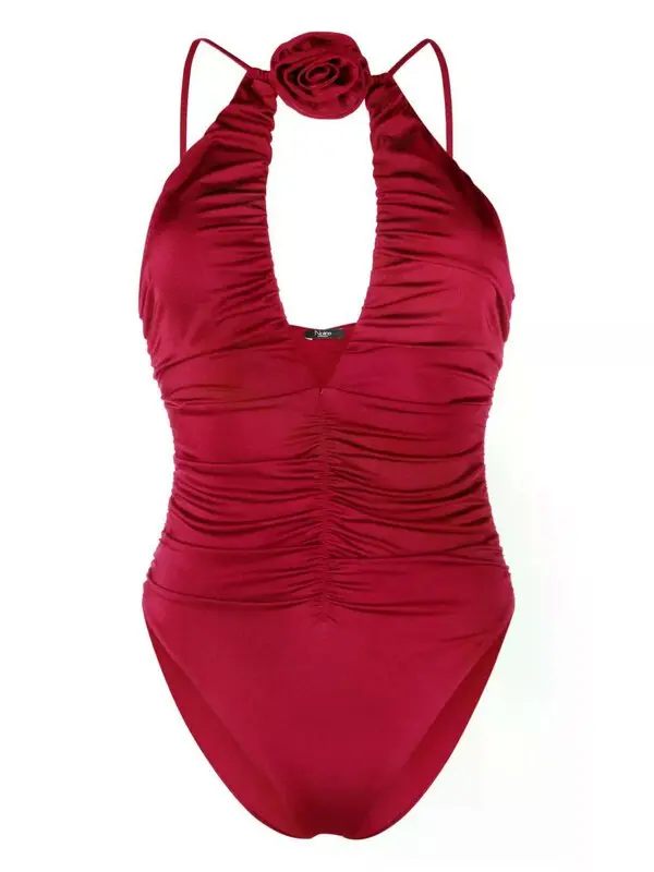 NOIRE SWIMWEAR Floral Appliqué Ruched Swimsuit - Red