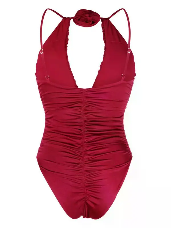NOIRE SWIMWEAR Floral Appliqué Ruched Swimsuit - Red