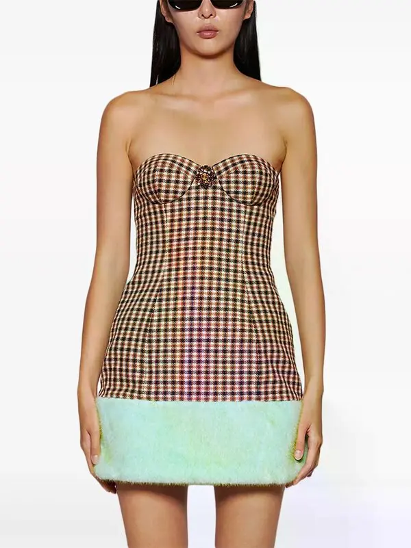 AREA Check-print Bandeau Minidress With Crystal Embellishment And Faux-fur Trim - Brown