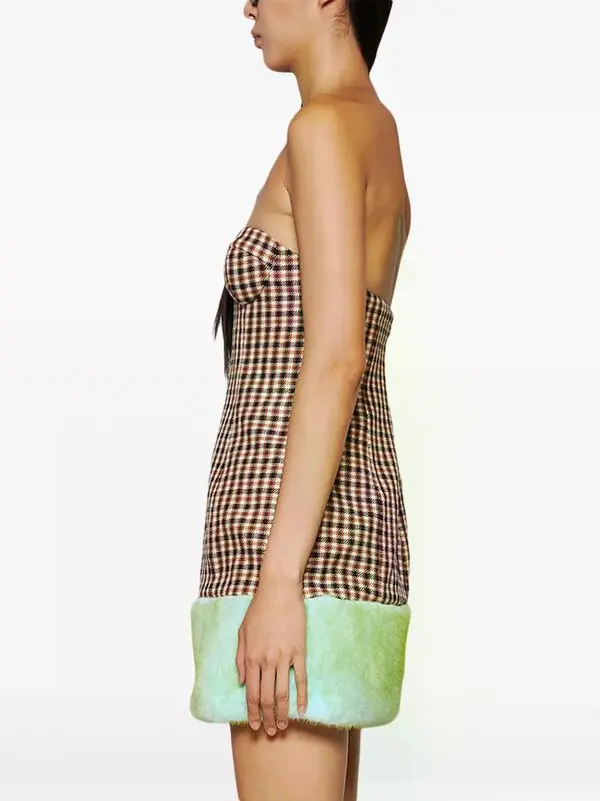 AREA Check-print Bandeau Minidress With Crystal Embellishment And Faux-fur Trim - Brown