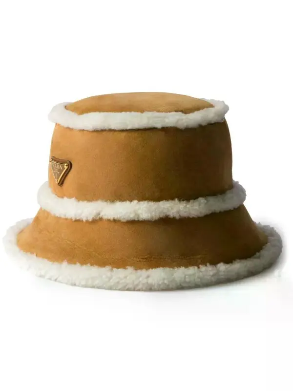 Prada Suede Shearling Trim Bucket Hat - Brown