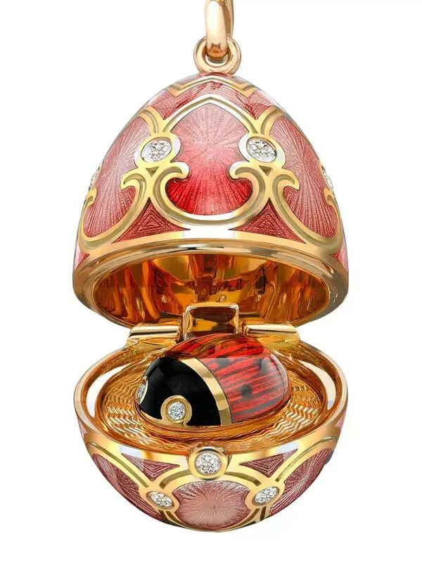 Faberge 18kt Yellow Gold Heritage Ladybird Surprise Diamond Locket Necklace - Red