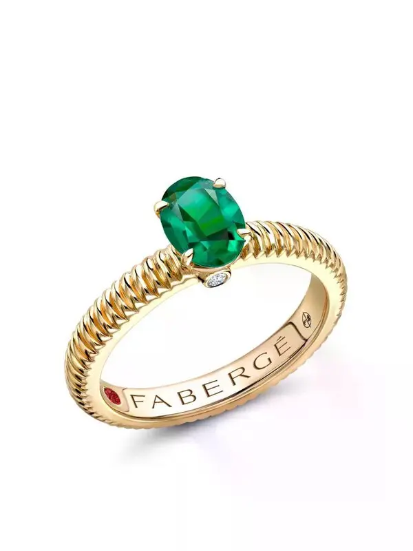 Faberge 18kt Yellow Gold Emerald And Diamond Fluted Band Ring - Green