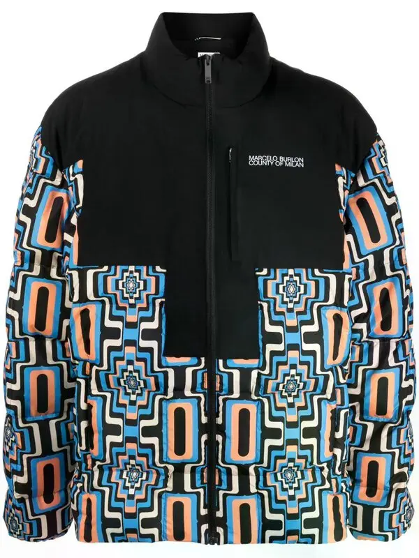 COUNTY OF MILAN Geometric Print Quilted Puffer Jacket - Black