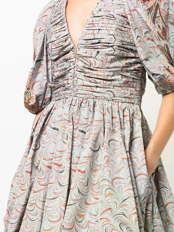 Ulla Johnson Marbled Puff-sleeve Ruched Dress