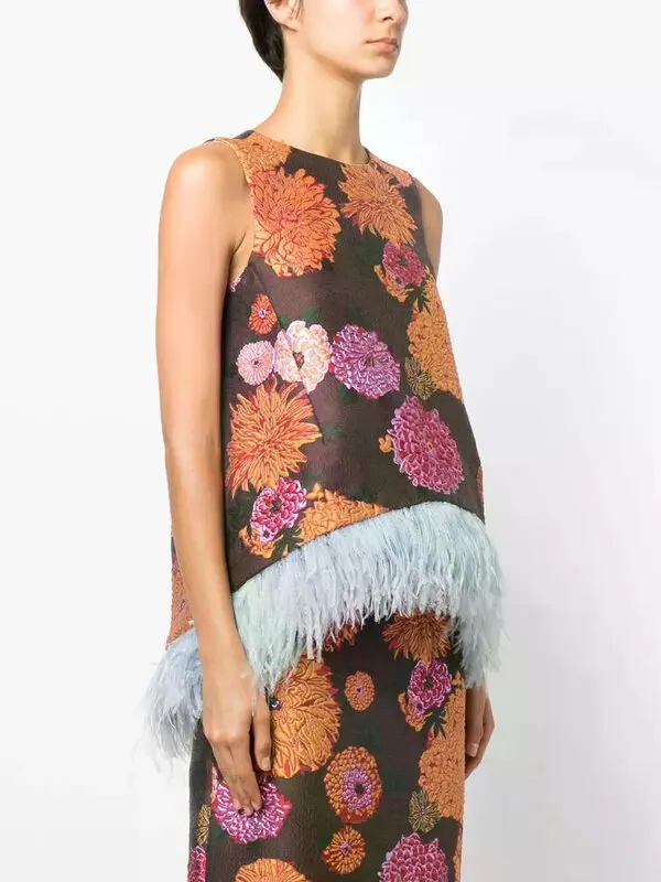 La DoubleJ La Scala Sleeveless Feather-trim Jacquard Top - Brown