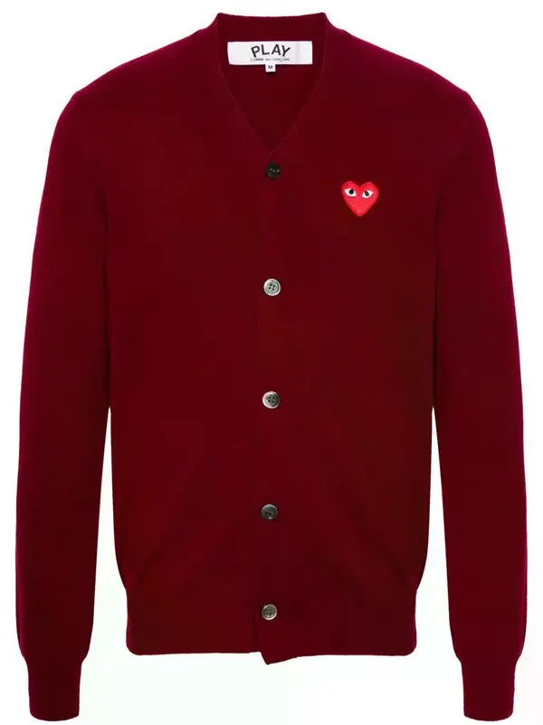 Play Comme Des Garcon V-neck Wool Cardigan With Heart Patch - Red
