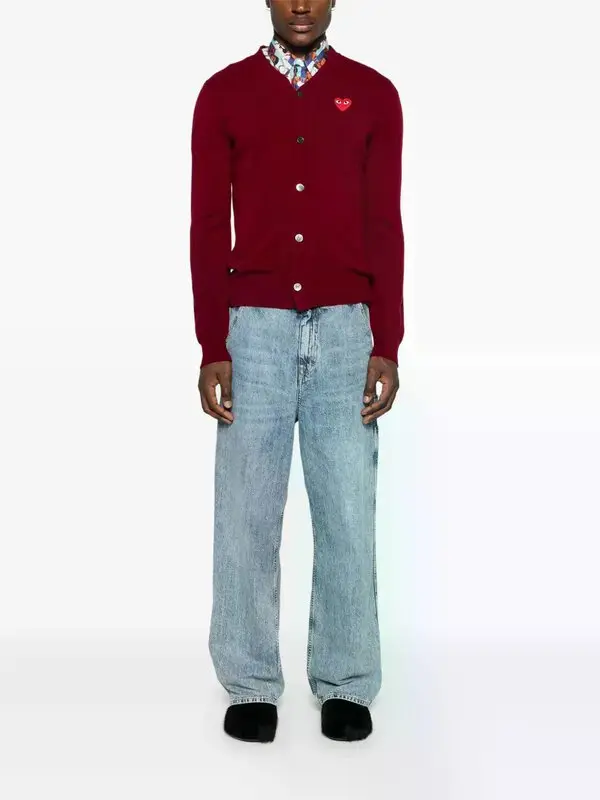 Play Comme Des Garcon V-neck Wool Cardigan With Heart Patch - Red